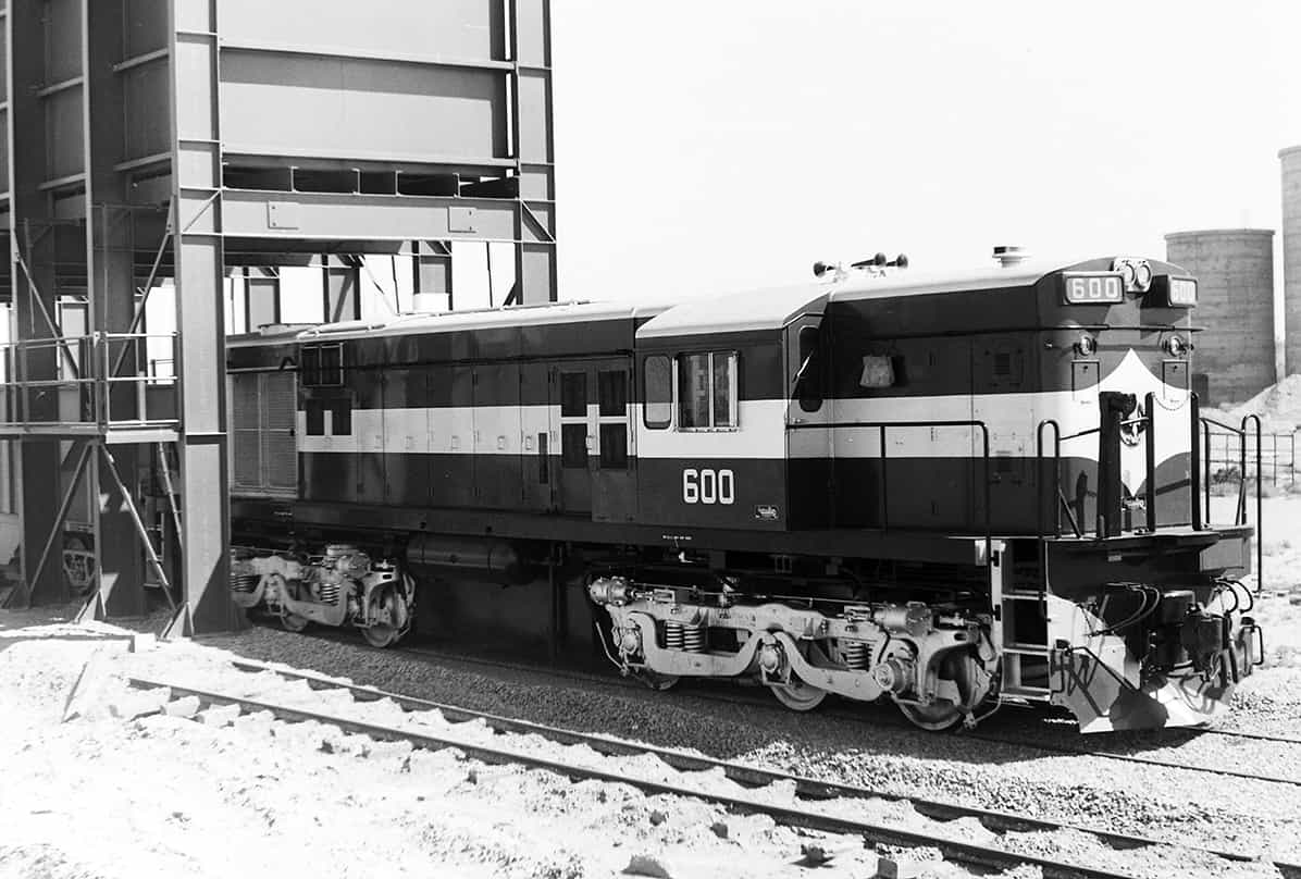 600 Class locomotive 600 under the ballast bins at Radium Hill, 1965 ...