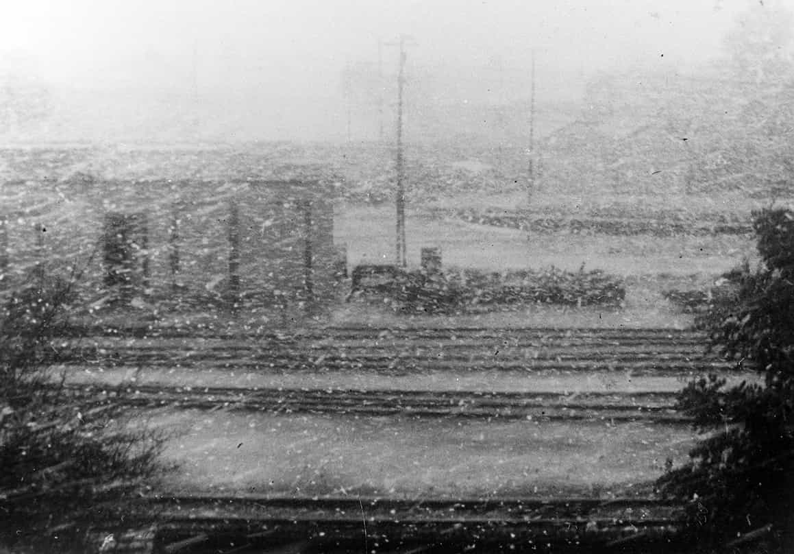 Snow storm in the Peterborough railway yard, c. 1950s. Des Willis ...